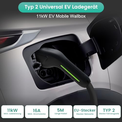 AWESAFE Typ 2 EV Ladegerät, 11kW, 6/8/10/13/16A, 5 Meter, 3-Phasig, CEE-Stecker, Tragbares EV ...