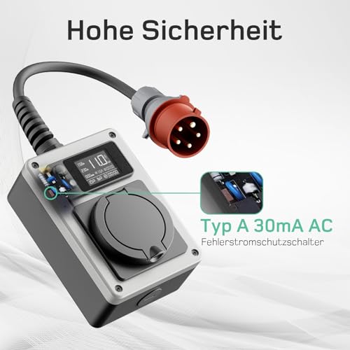 dé Mobile Wallbox 11kW 16A EV Charger mit CEE Stecker und Typ 2 Steckdose, 11kW Ladestation mit ...