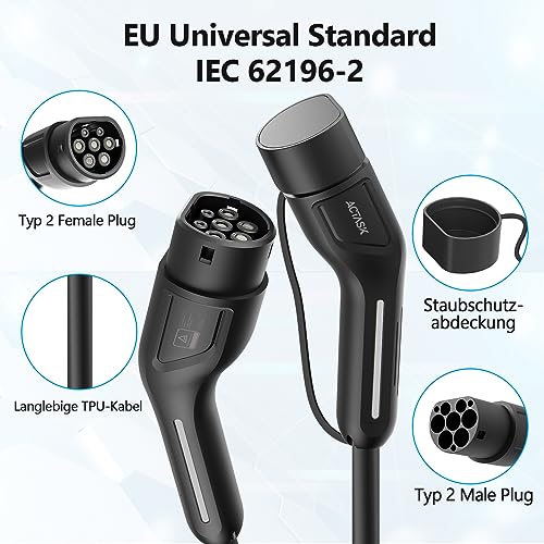 Actask Typ 2 Ladekabel für Elektroautos - 22kW, 5M, 32A, 3 Phasen, IP54 - Mode 3 Ladekabel Typ 2 ...