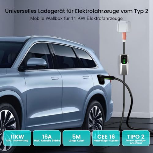 AWESAFE Typ 2 EV-Ladestation mit CEE-Stecker, 5M Ladekabel, 16A, 11KW 3 Phase EU Standard - typ2 ...