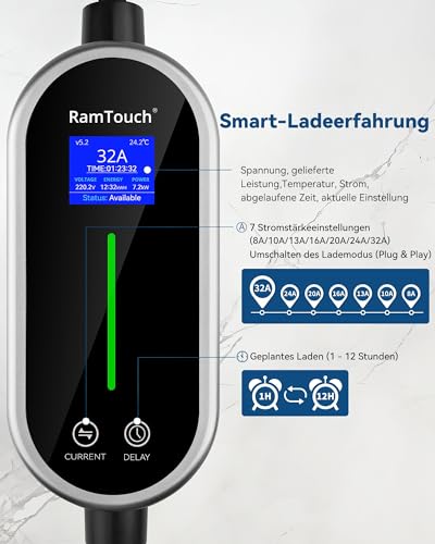 RamTouch Mobile Wallbox (7.4 kW, Typ 2, CEE 32A Stecker, 6.5 m), Tragbares EV Ladegerät mit 8 ...