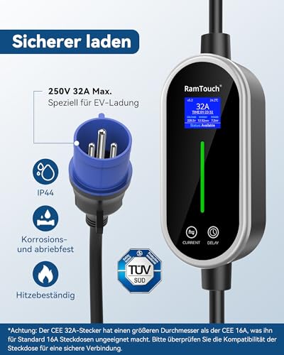 RamTouch Mobile Wallbox (7.4 kW, Typ 2, CEE 32A Stecker, 6.5 m), Tragbares EV Ladegerät mit 8 ...